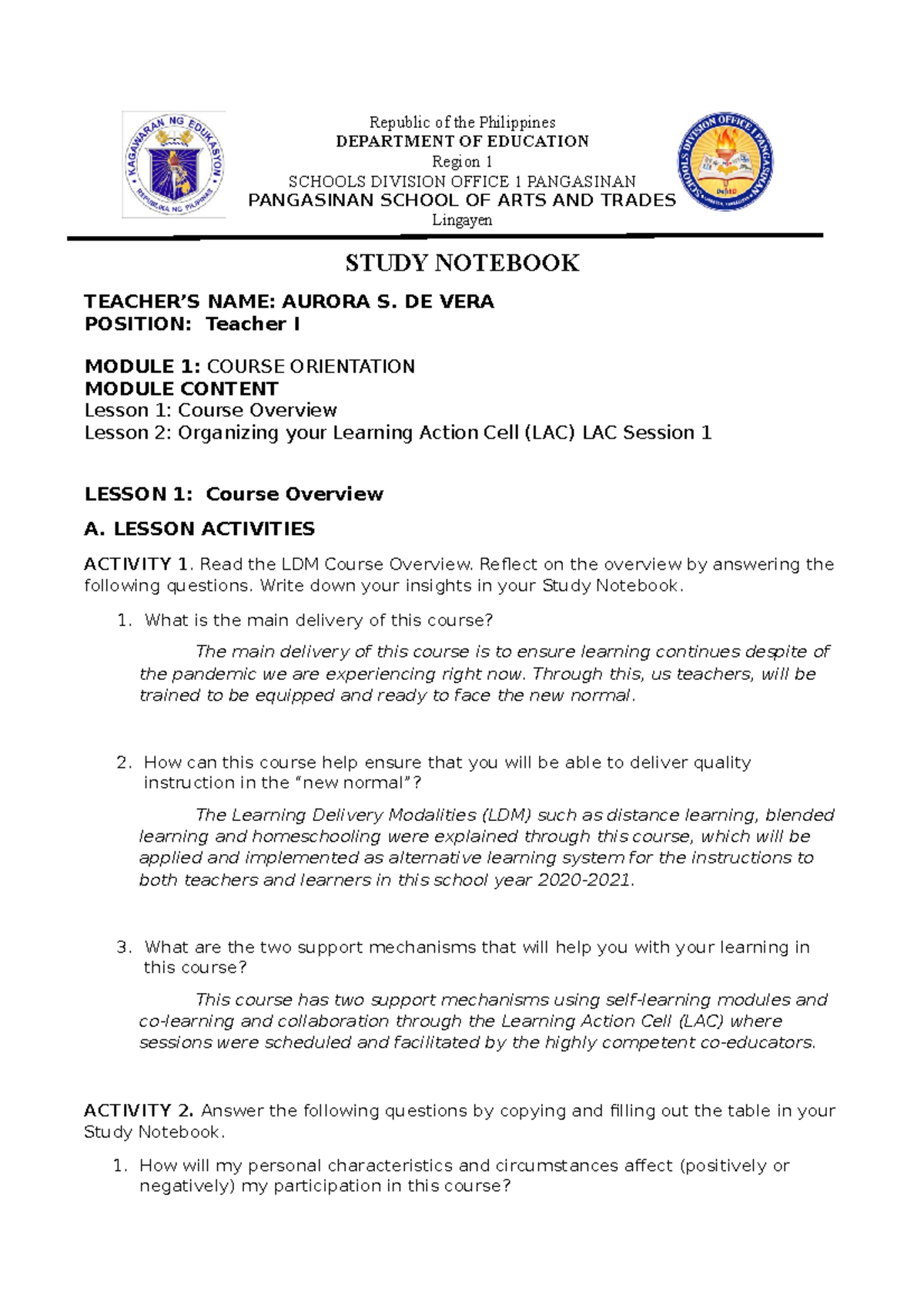 Ms. De Vera LDM2 Module 1 Study Notebook - Republic of the Philippines ...
