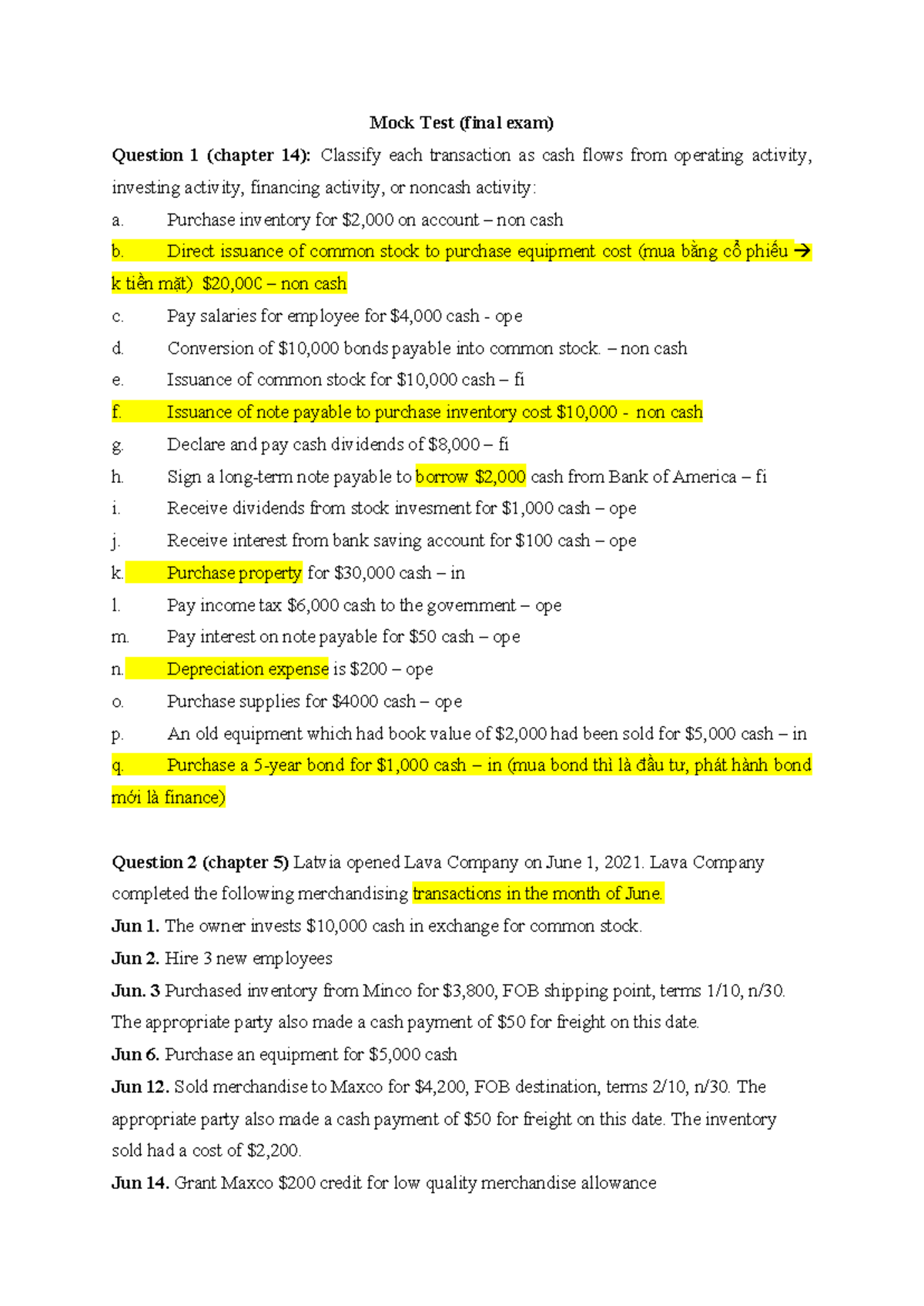 Final Revision for KETE201: Mock Test & Cash Flow Classification - Studocu