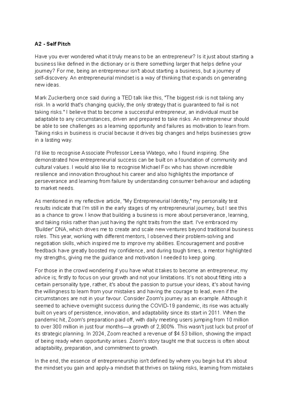 MGB161 - A2 - Self Pitch: Embracing the Entrepreneurial Mindset - Studocu