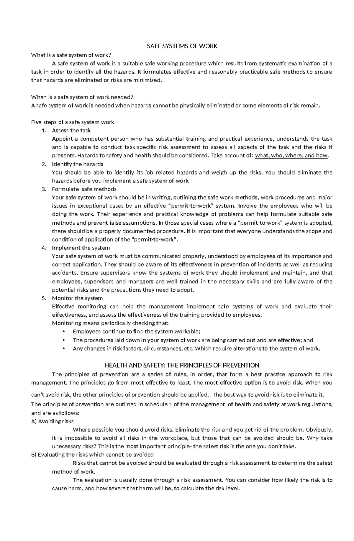 Midterm Notes on Safe Systems of Work and Hazard Control - COSH - Studocu