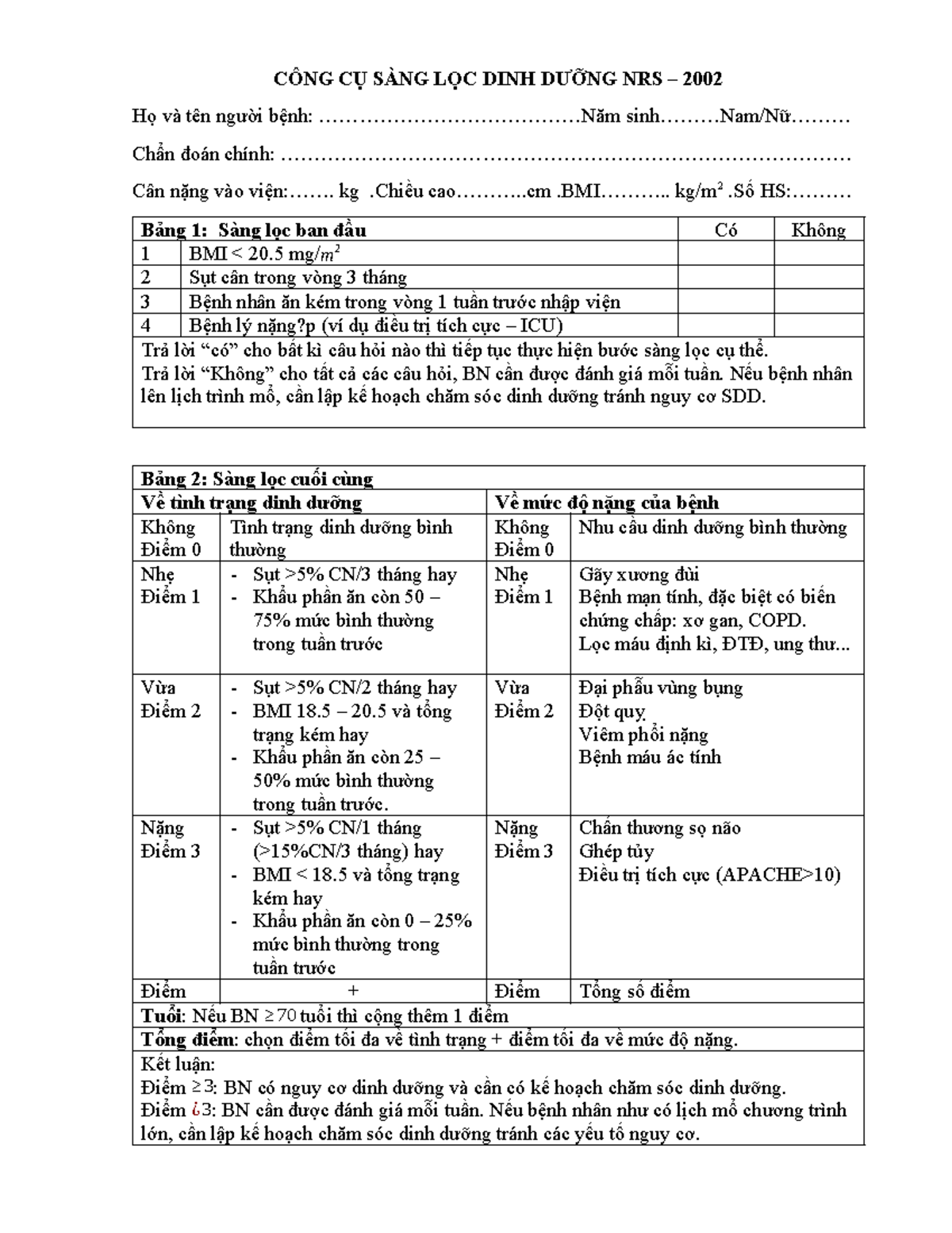Công Cụ Sàng Lọc Dinh Dưỡng NRS 2002: Hướng Dẫn và Đánh Giá - Studocu