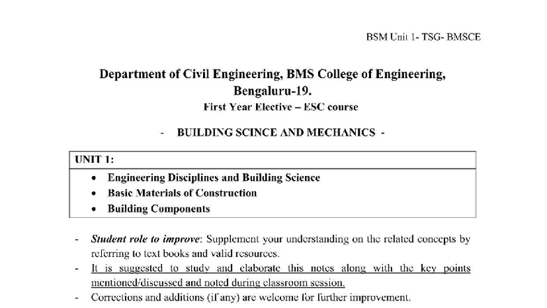 BSM Unit 1: Engineering Disciplines & Building Science Overview - Studocu