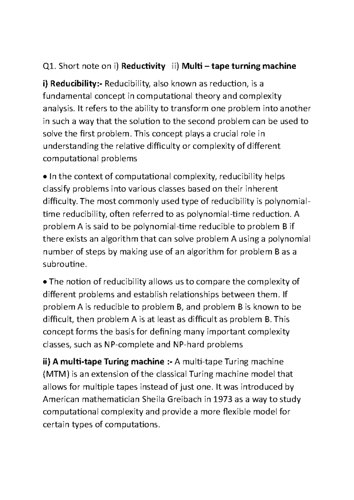 Q1 & Q2: Short Notes on Reductivity, Multi-Tape Turing Machine ...