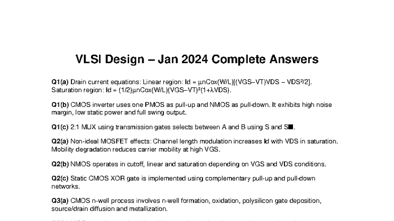 VLSI Design Jan 2024 Complete Answers and Explanations - Studocu
