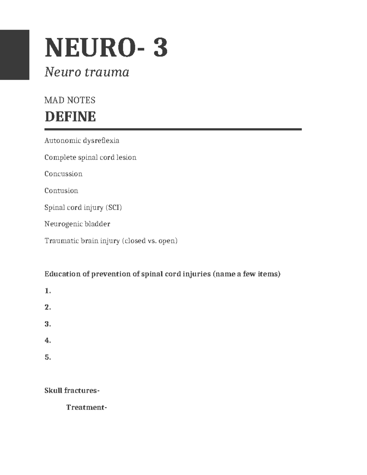 Neuro 3 MAD Notes: Understanding Spinal Cord Injuries & TBI - Studocu