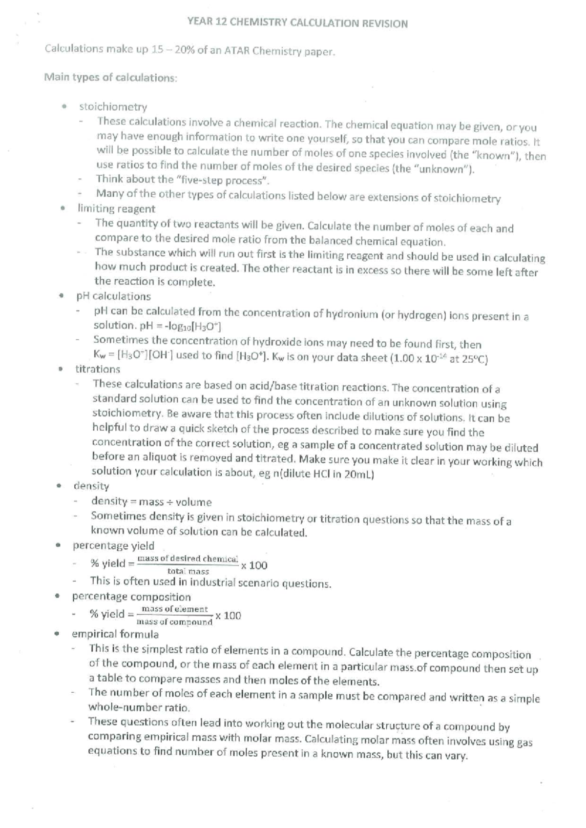 YEAR 12 CHEMISTRY CALCULATION REVISION NOTES - Studocu