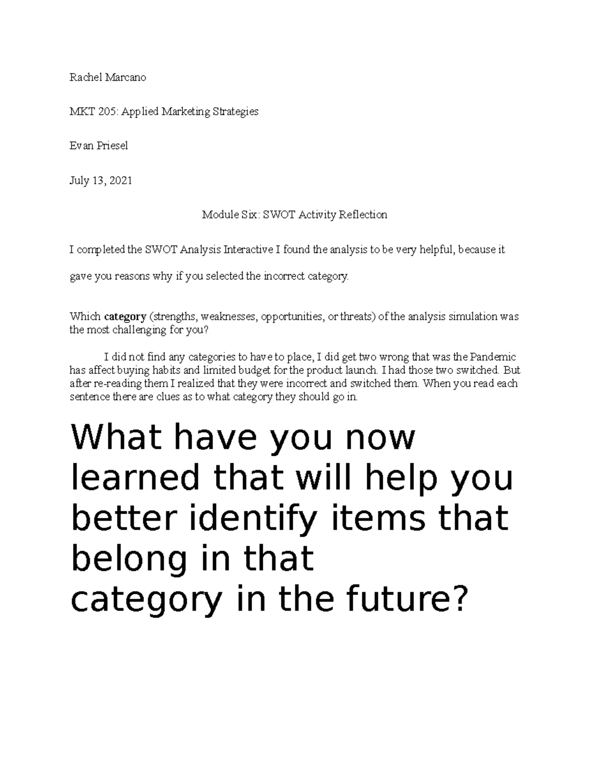 MKT 205 Module 6 SWOT Activity Reflection - Rachel Marcano - Studocu