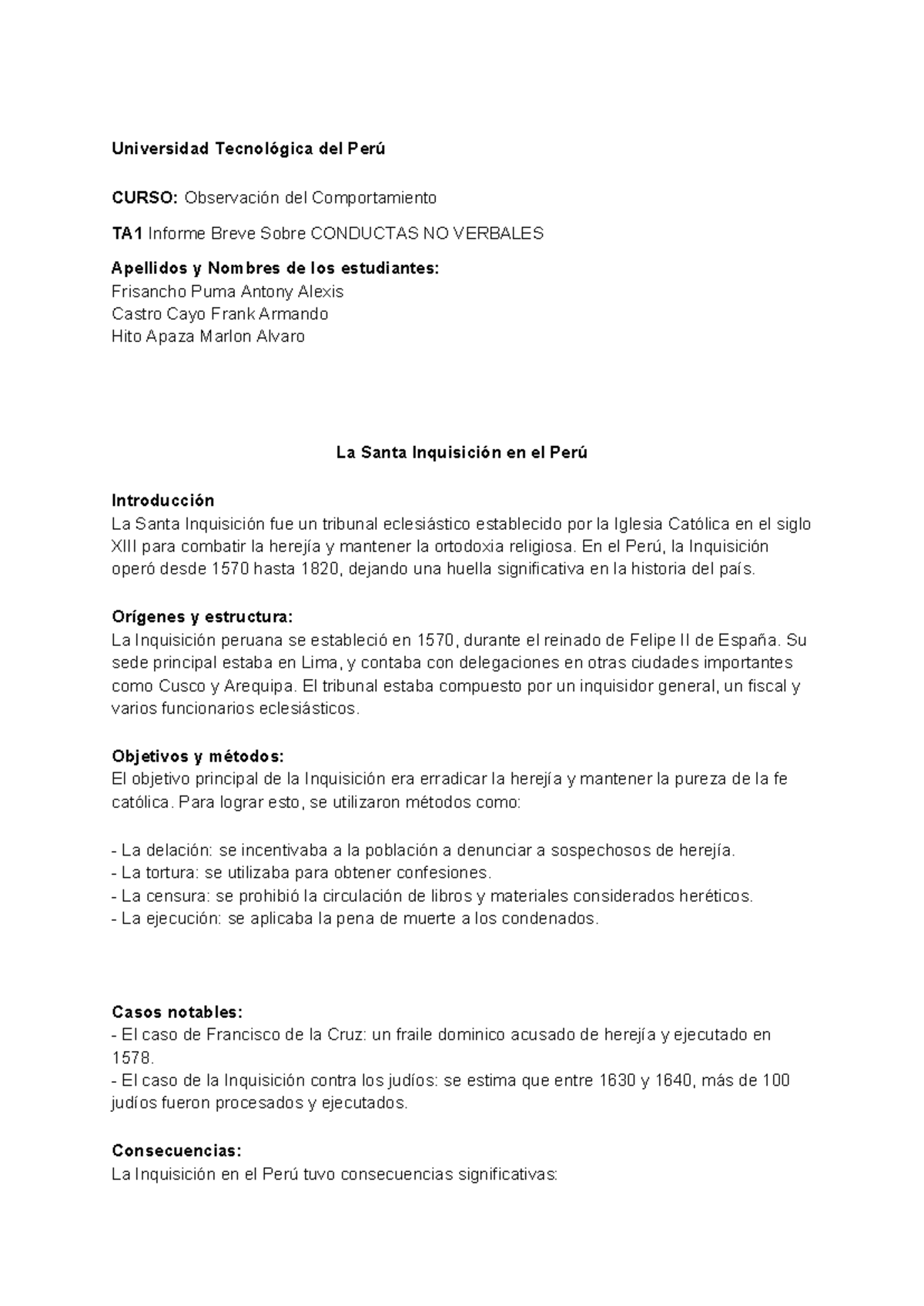 TA1 Santa Inquisición en el Peru - Universidad Tecnológica del Perú ...