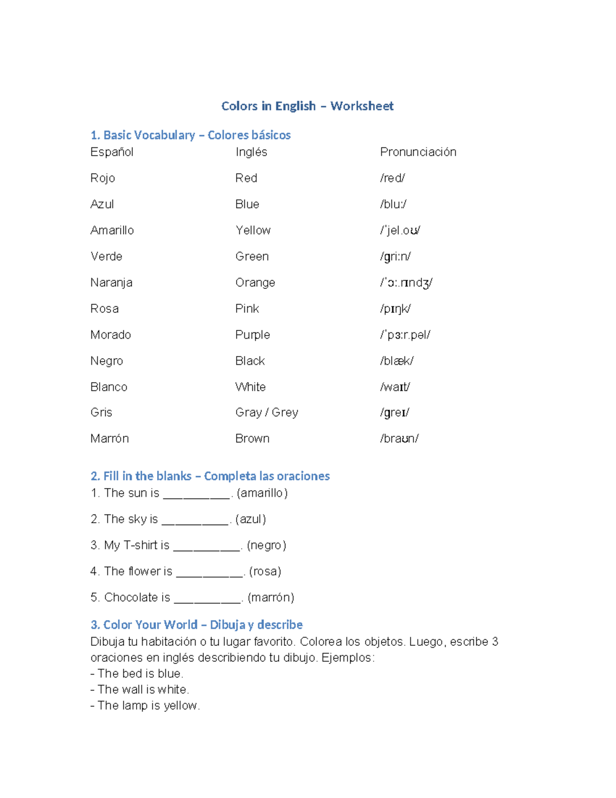 Colors Worksheet Secundaria – Basic Vocabulary & Activities - Studocu