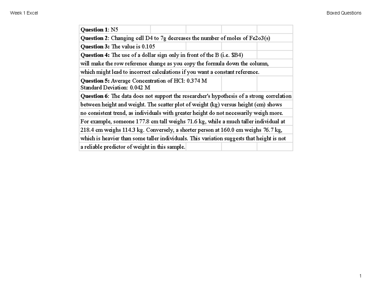 Week 1 Excel Questions and Calculations for Stoichiometry & Titration ...