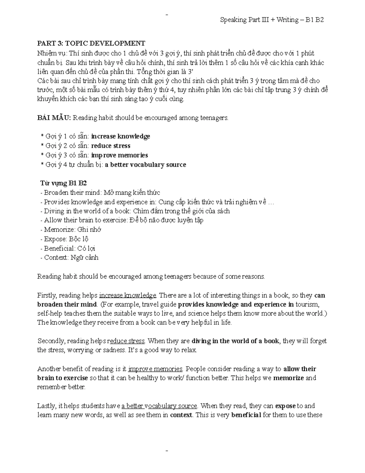 Speaking Vstep B1 C1 Part 3 - Speaking Part III + Writing – B1 B PART 3: TOPIC DEVELOPMENT Nhiệm ...