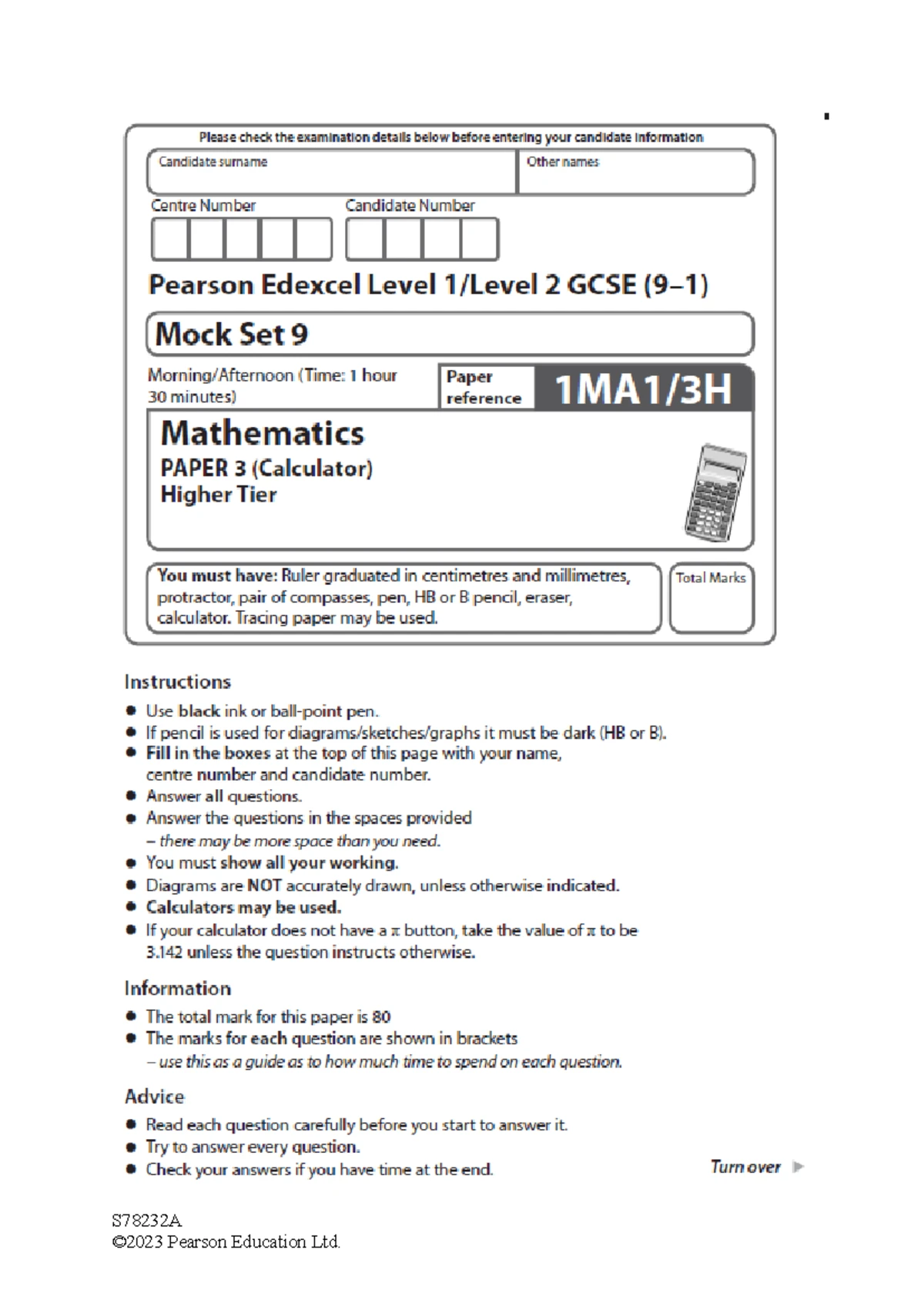 MOCK SET 8 - Paper 2H - Edexcel GCSE Maths (Higher Tier) - Studocu