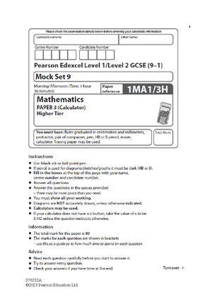 Edexcel GCSE Maths 1MA1/1H Mock Set 9 Mark Scheme Analysis - Studocu