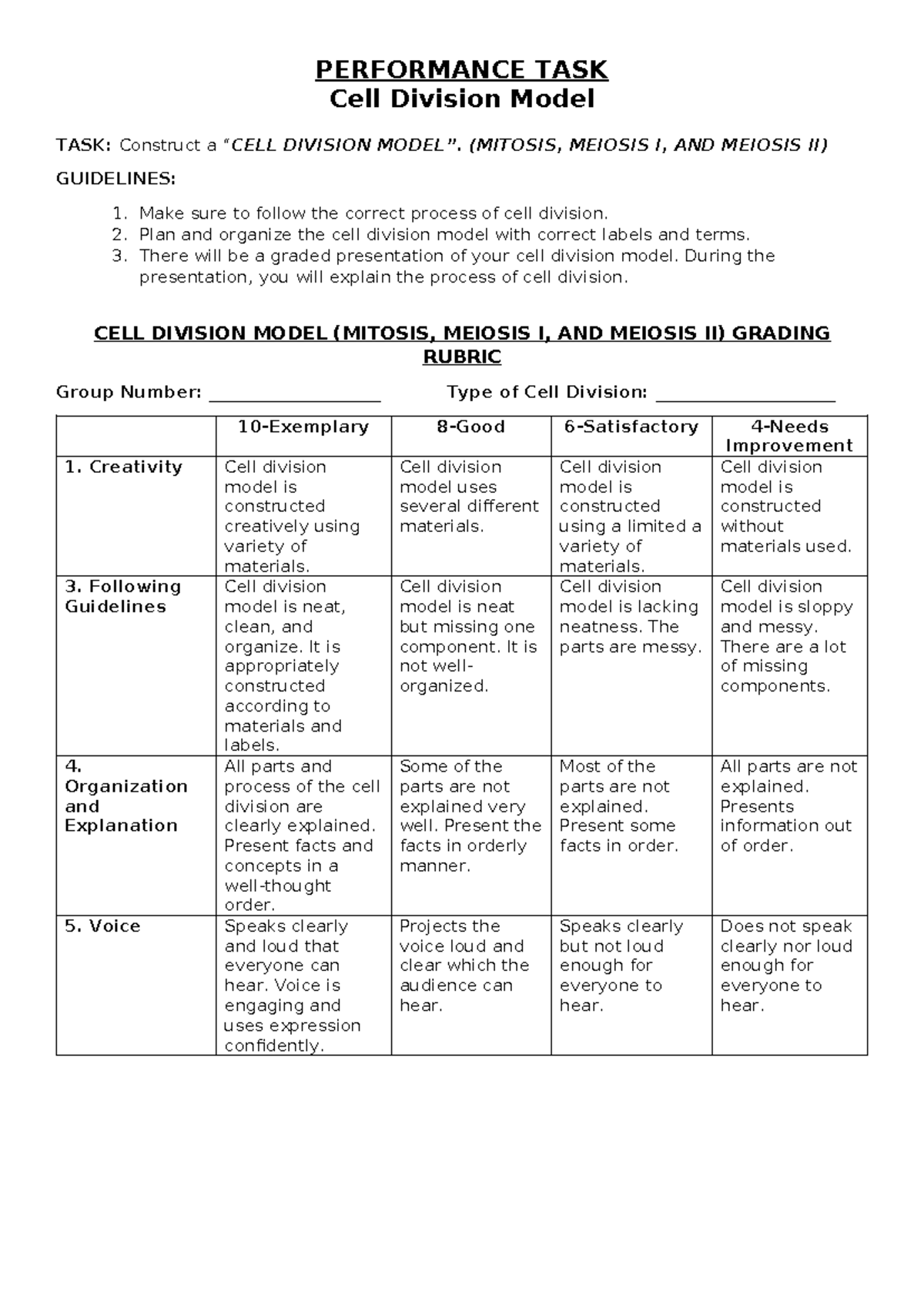 Cell Division Model: Mitosis & Meiosis Performance Task Guidelines ...
