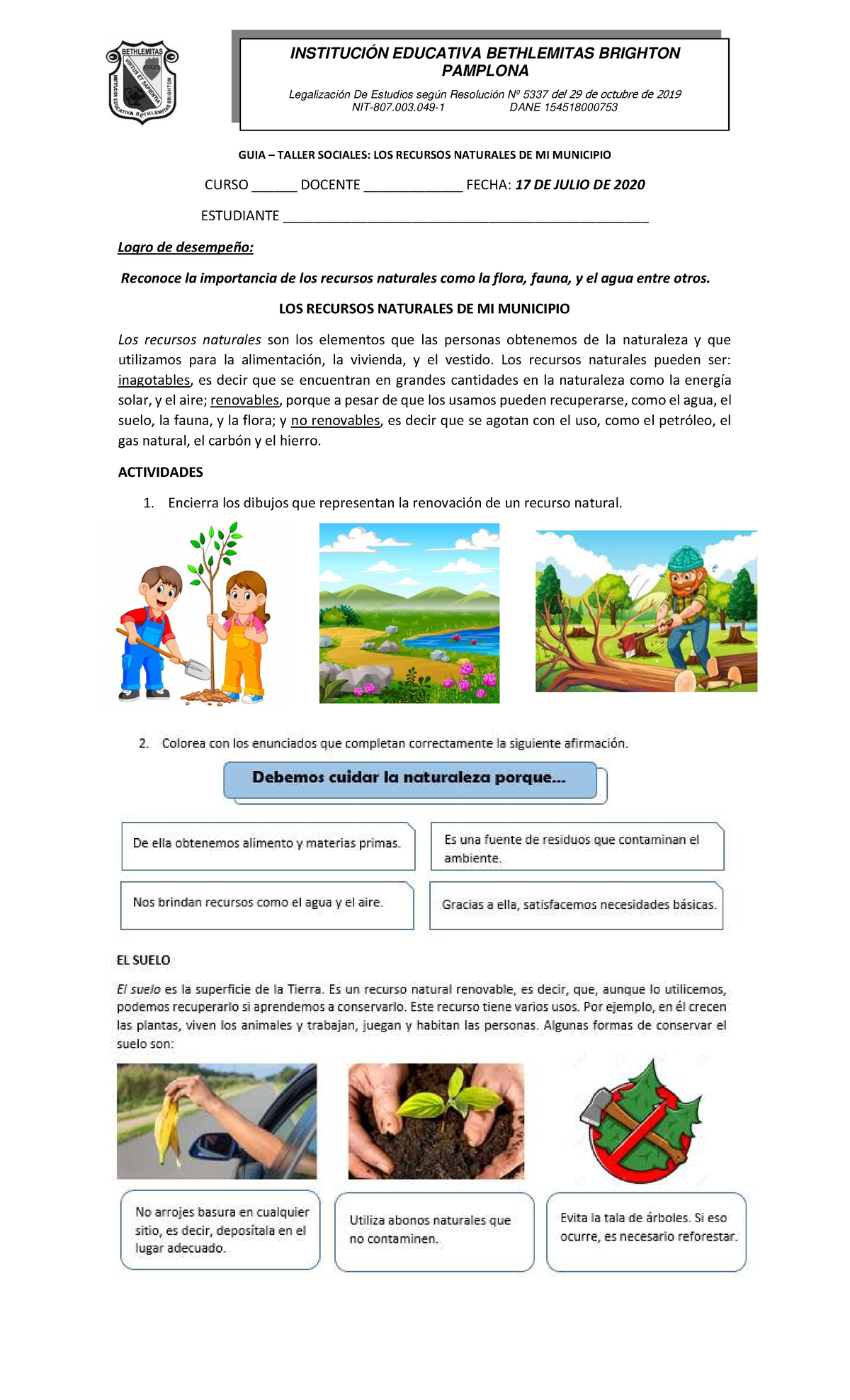 Guía Taller Sociales: Recursos Naturales en Mi Municipio - 2º Grado ...