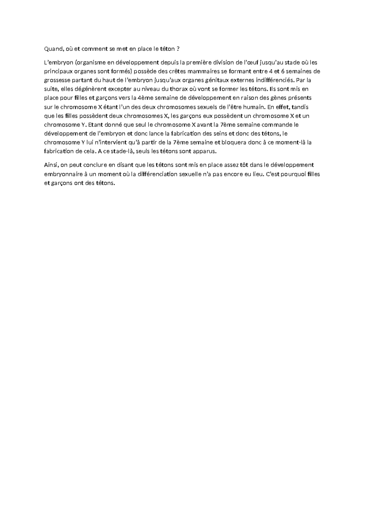 Svt: Développement des Tétons chez l'Embryon - Studocu