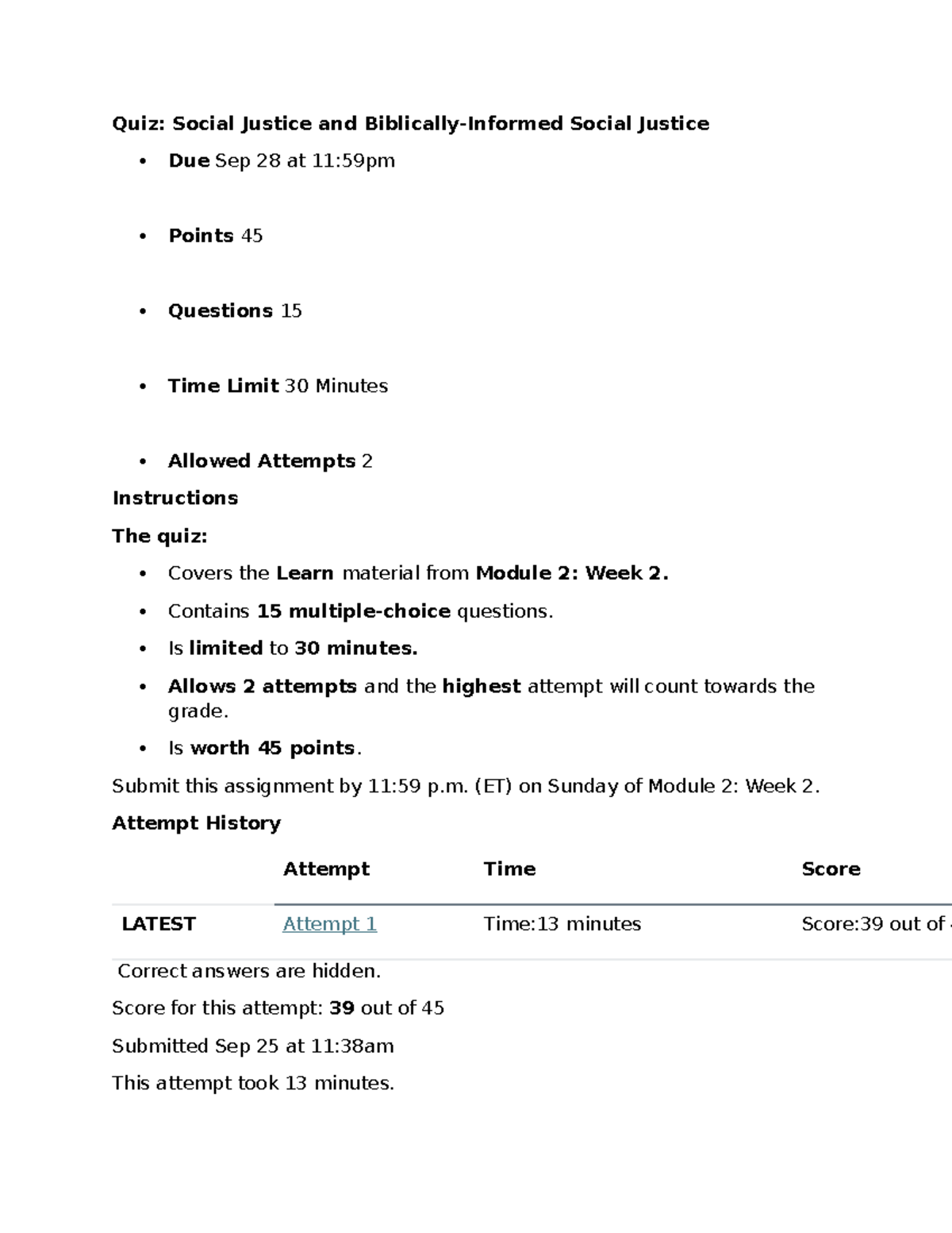 Quiz: Social Justice Overview - Due Sep 28, 11:59 PM (45 pts) - Studocu