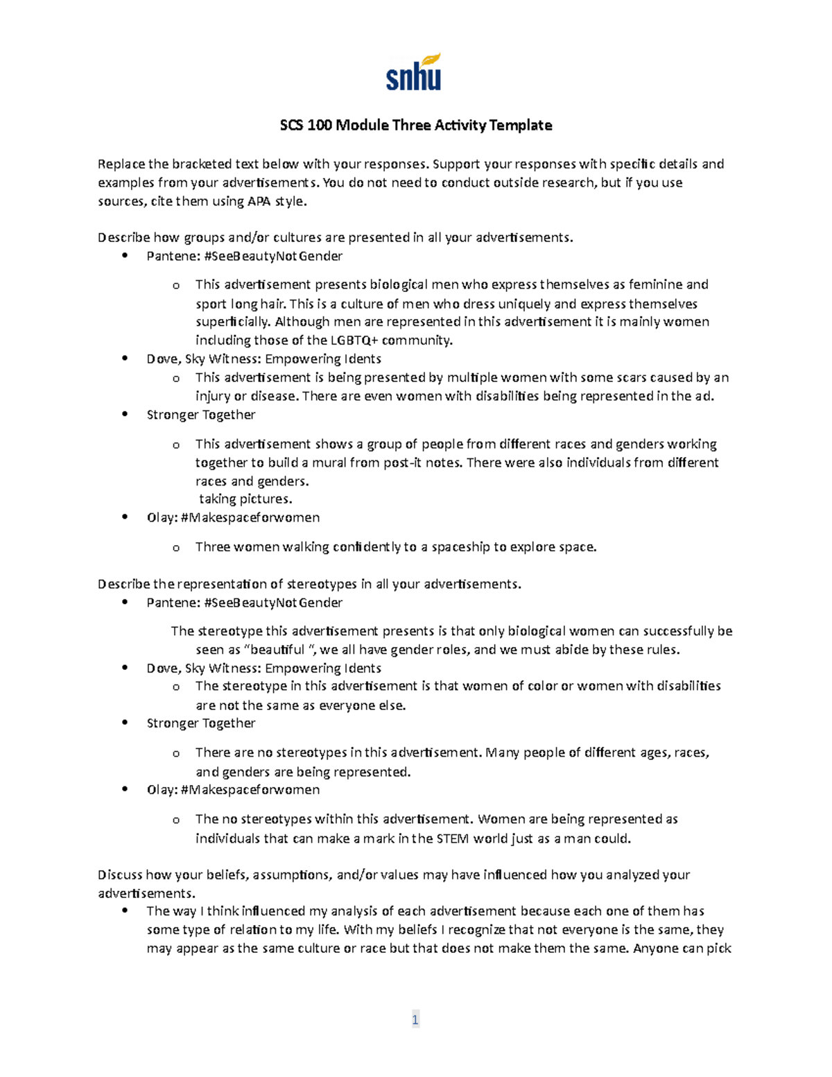 SCS 100 Module Three Activity: Analyzing Cultural Representation in Ads ...