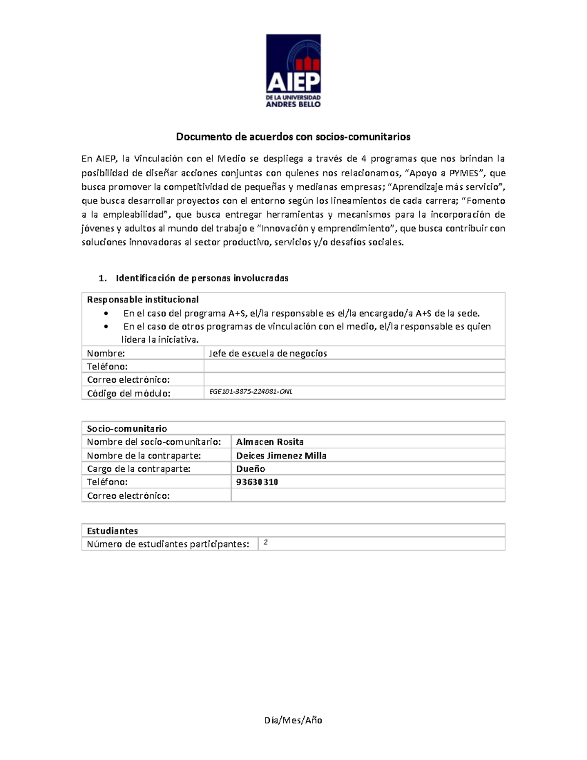 Acuerdos de Vinculación con Socios Comunitarios - EGE101 - Studocu