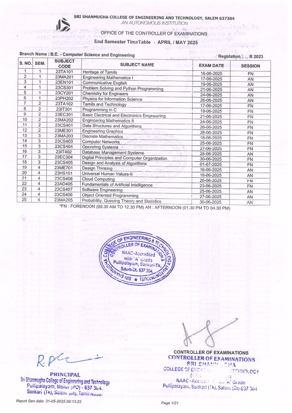 End Semester Exam Timetable for B.E. Programs - April/May 2025 - Studocu