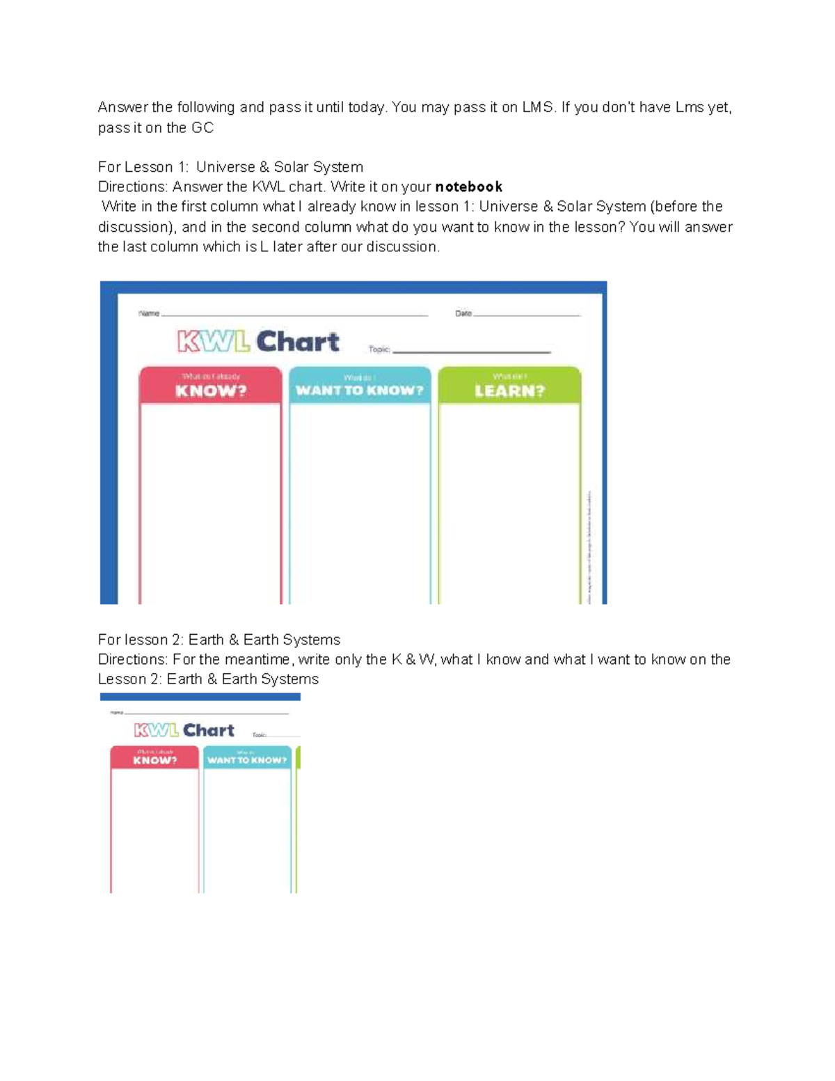 Lesson 1 & 2 KWL Chart: Solar System & Earth Systems - Studocu