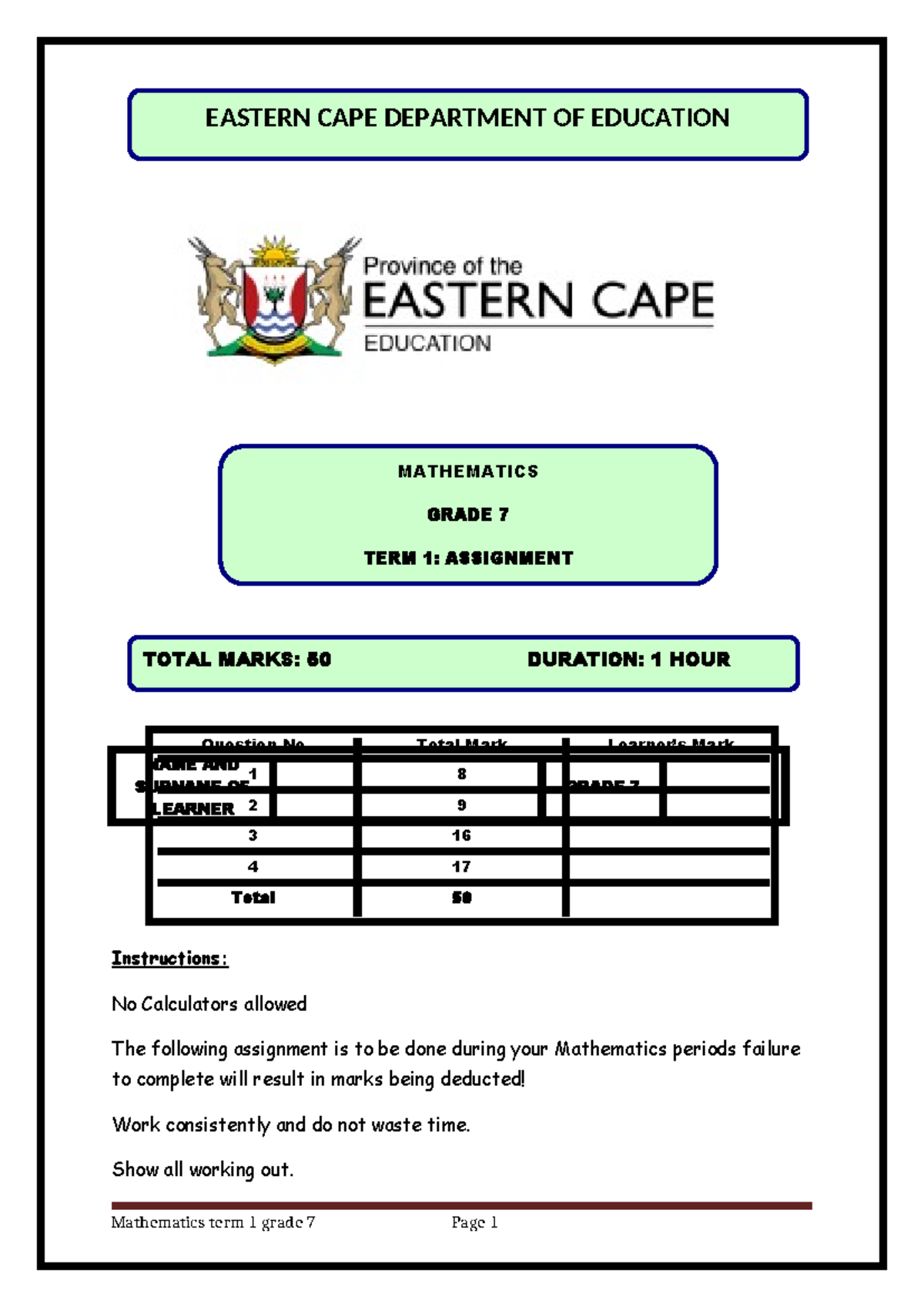 EASTERN CAPE GRADE 7 MATH ASSIGNMENT TERM 1 2023: TOTAL 50 MARKS - Studocu