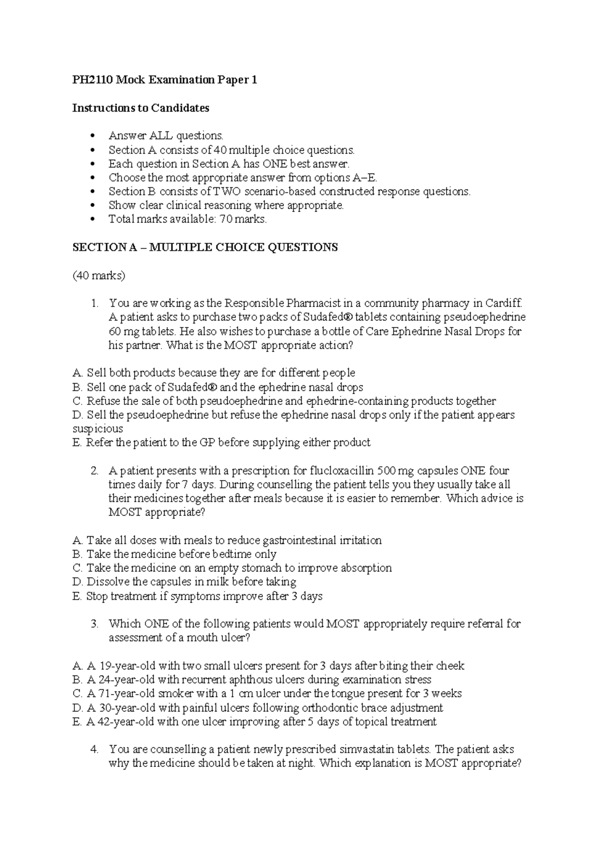 PH2110 Mock Examination Paper 1: Practice Questions and Answers - Studocu