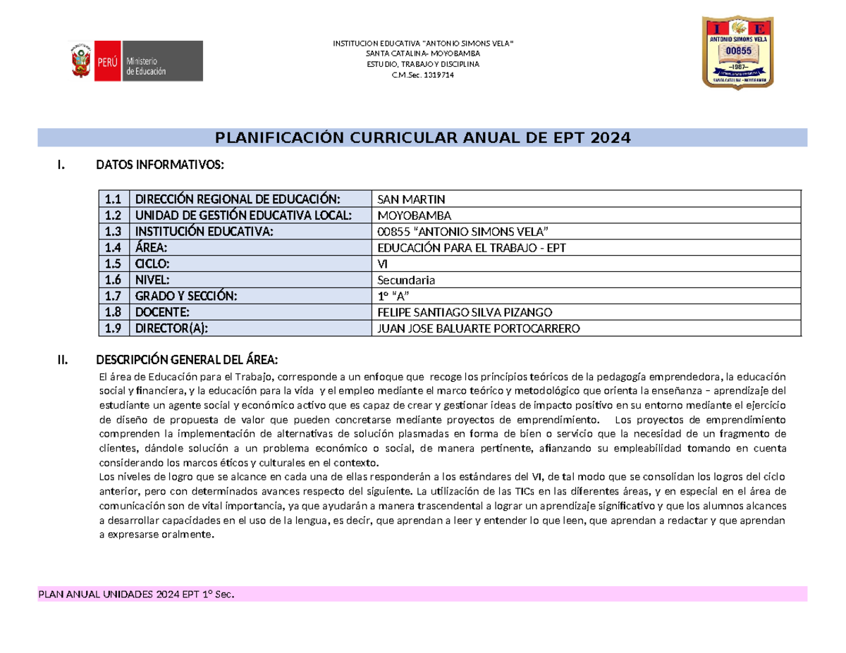 1° SEC PLAN Anual EPT 2024 - SANTA CATALINA- MOYOBAMBA ESTUDIO, TRABAJO Y DISCIPLINA C.M ...