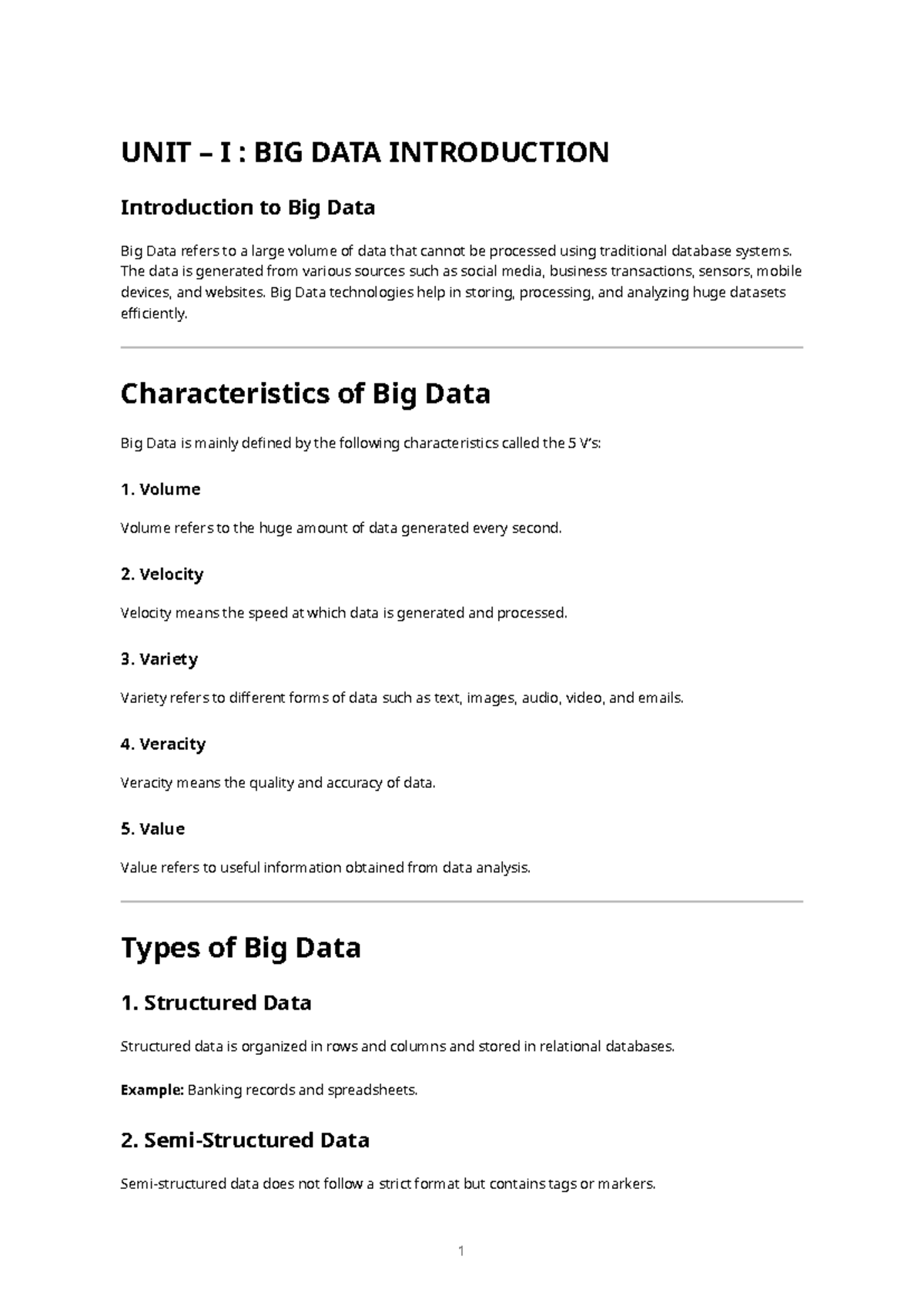 UNIT I: INTRO TO BIG DATA - Characteristics & Infrastructure - Studocu