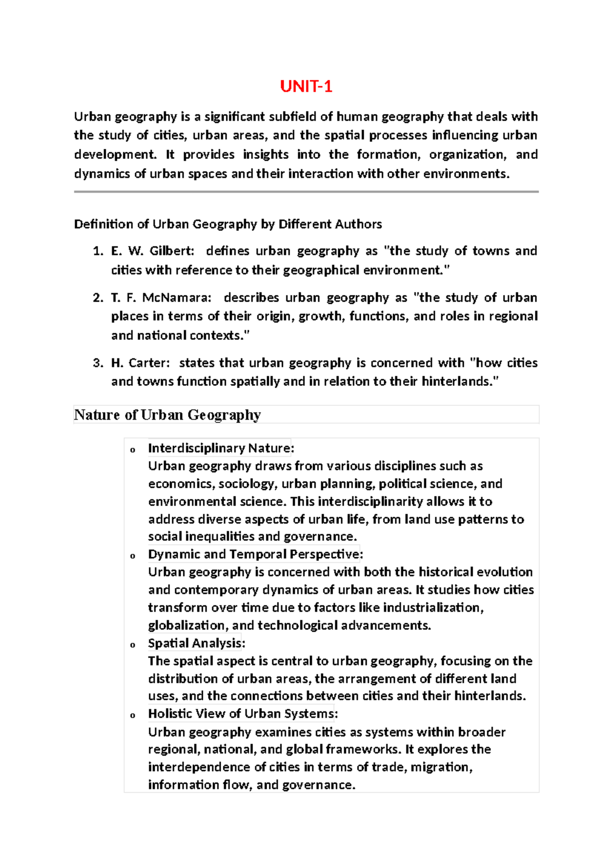 Urban geography notes - UNIT- Urban geography is a significant subfield ...