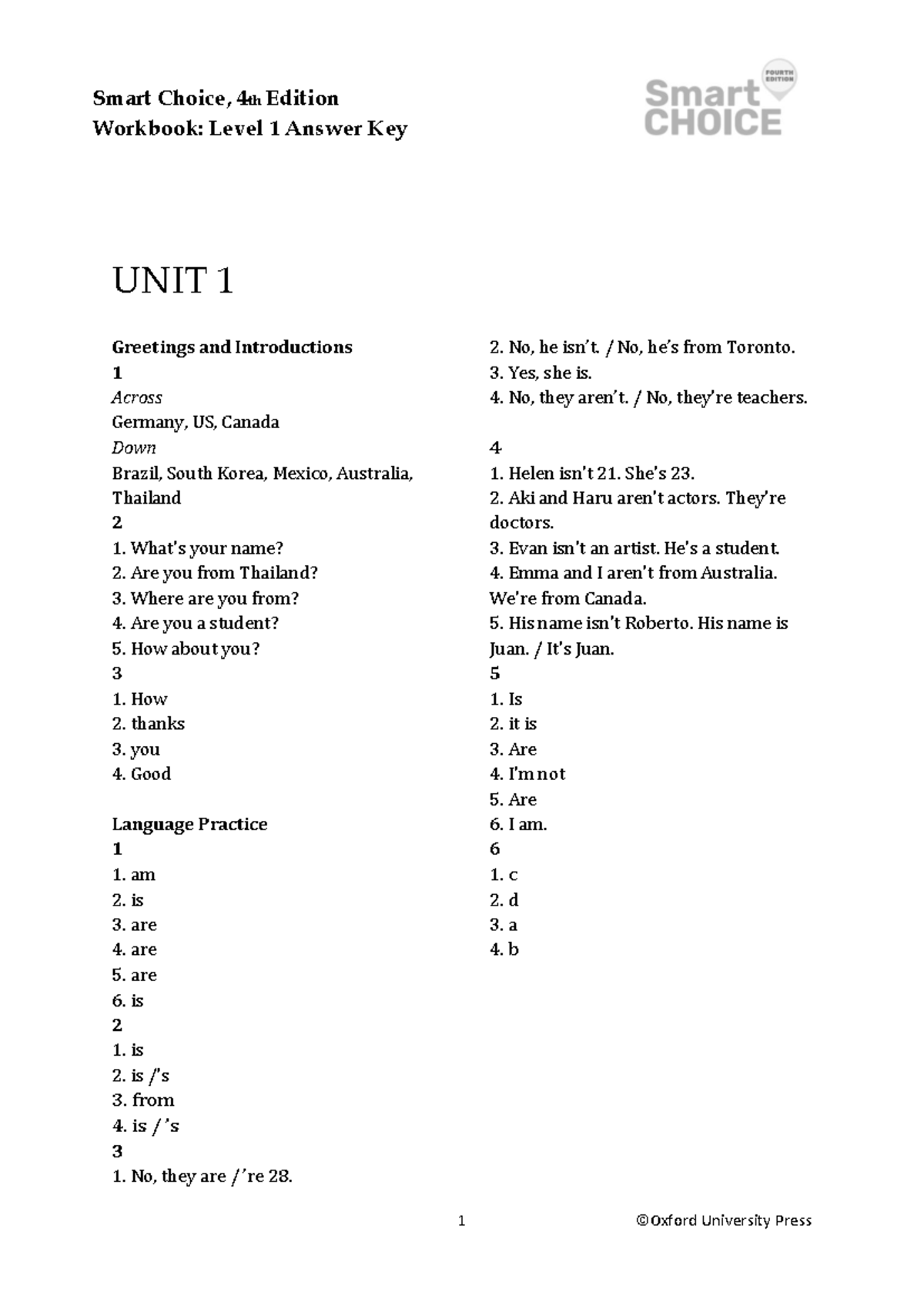 Smart Choice 4th Ed. Workbook Level 1 Answer Key: Units 1-11 - Studocu