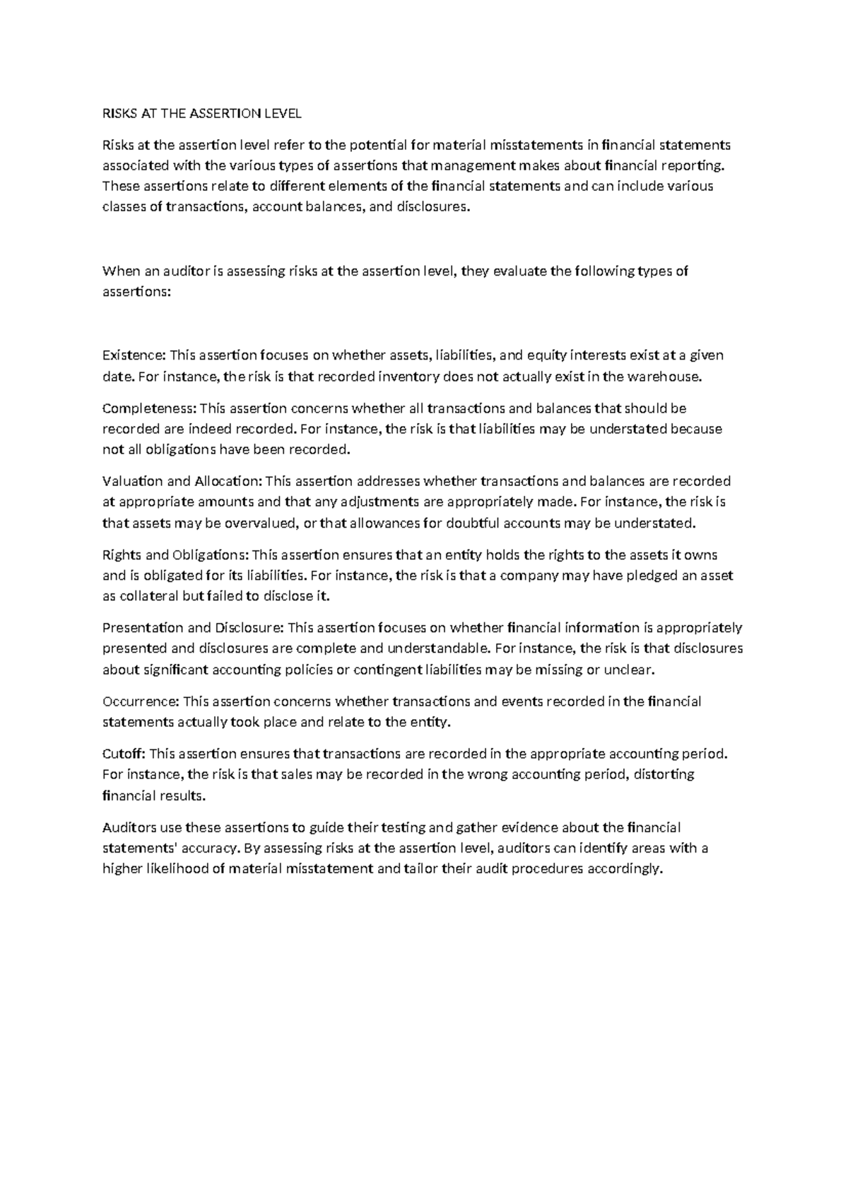 Risks at the Assertion Level in Financial Auditing Analysis - Studocu