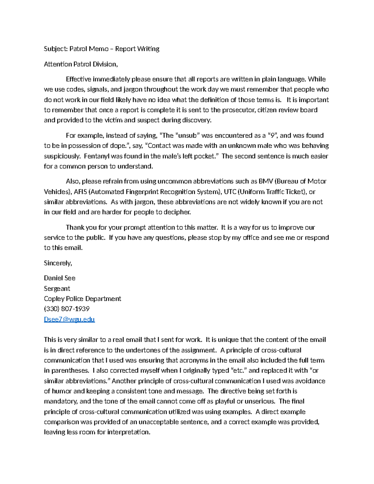 D270 Task 1 - Task 1 - Passed - Subject: Patrol Memo – Report Writing ...