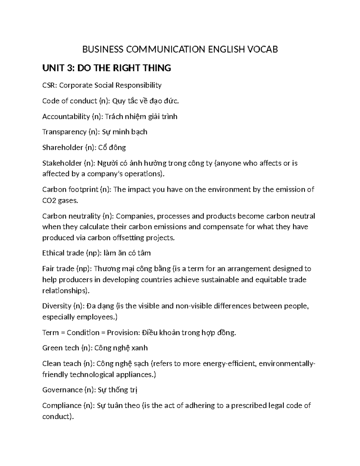BUSINESS COMMUNICATION ENGLISH VOCAB: UNIT 3 & 11 TERMS - Studocu
