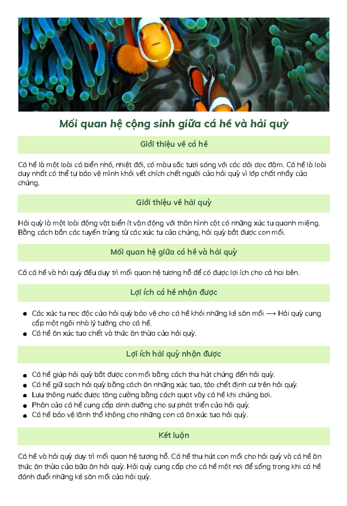 Mối quan hệ cộng sinh giữa cá hề và hải quỳ - Sinh nnnn - Studocu