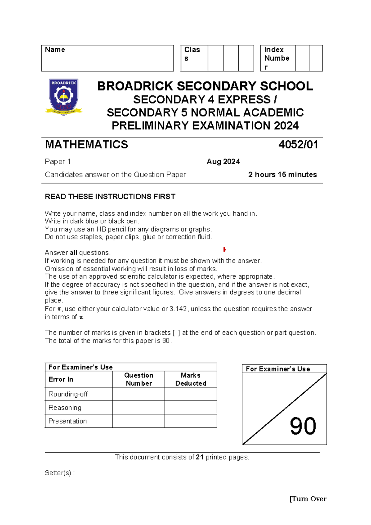 E-Math Sec 4 Preliminary Exam Paper 2024 - Broadrick Secondary School ...