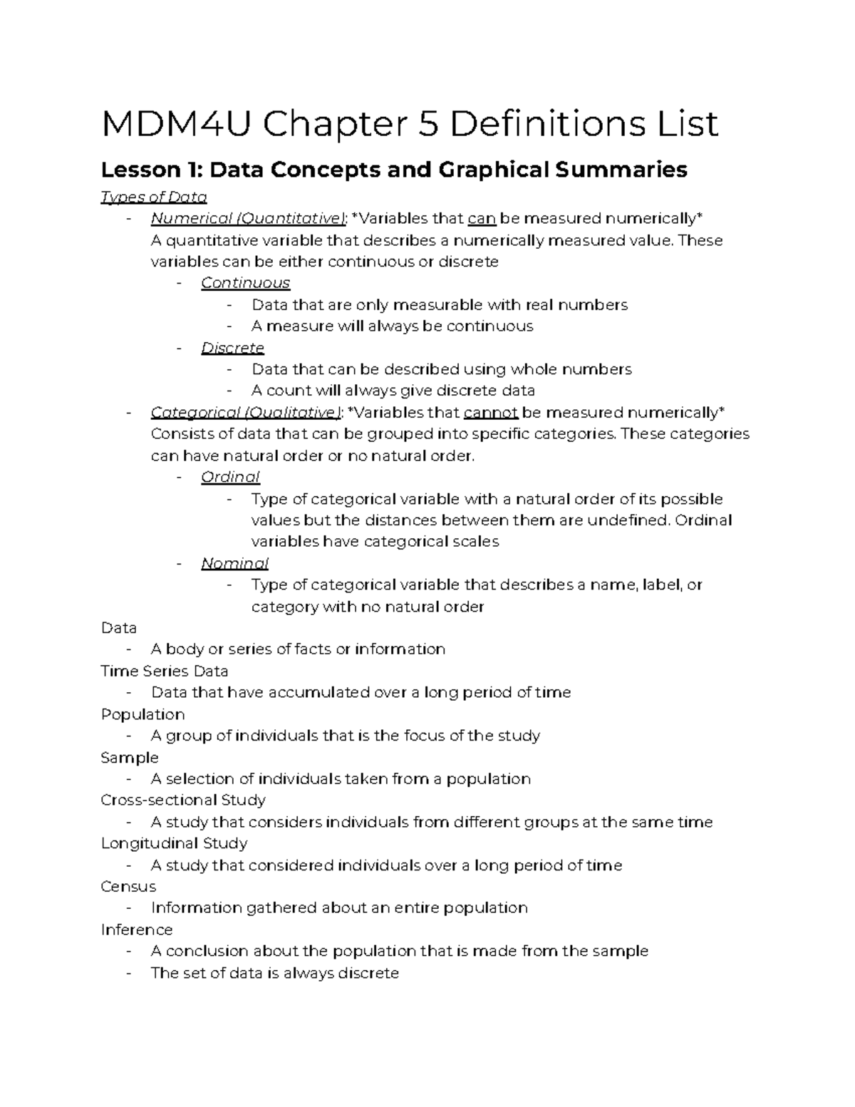 MDM4U Chapter 5: Data Concepts & Graphical Summaries Definitions - Studocu