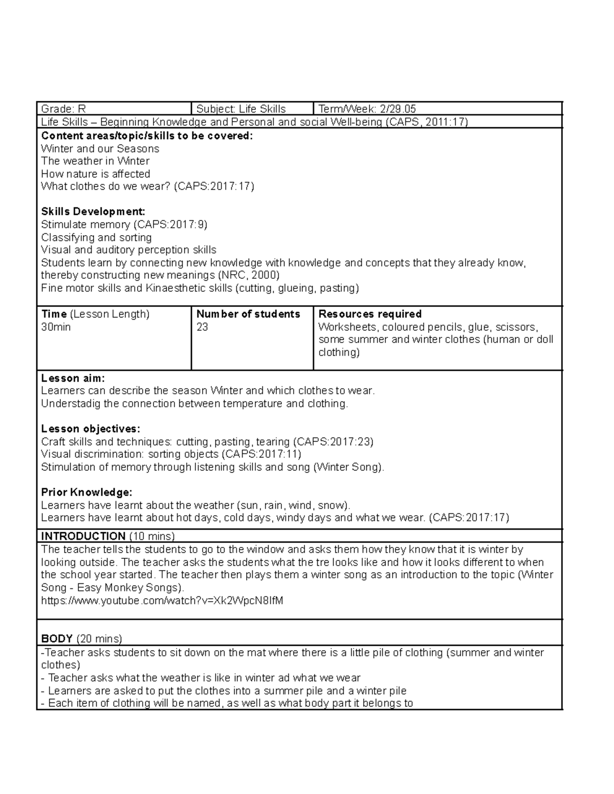 Life Skills Lesson Plan: Understanding Winter & Clothing (Grade R ...