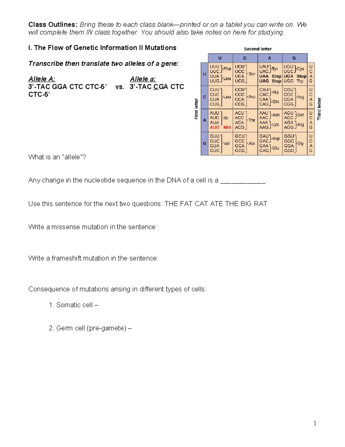 Lesson 14 Class Outline: Flow of Genetic Info & Mutations Pt. 2 - Studocu