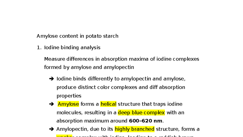 FOOD 3002 Lab Report: Iodine Binding Analysis of Amylose in Potato ...