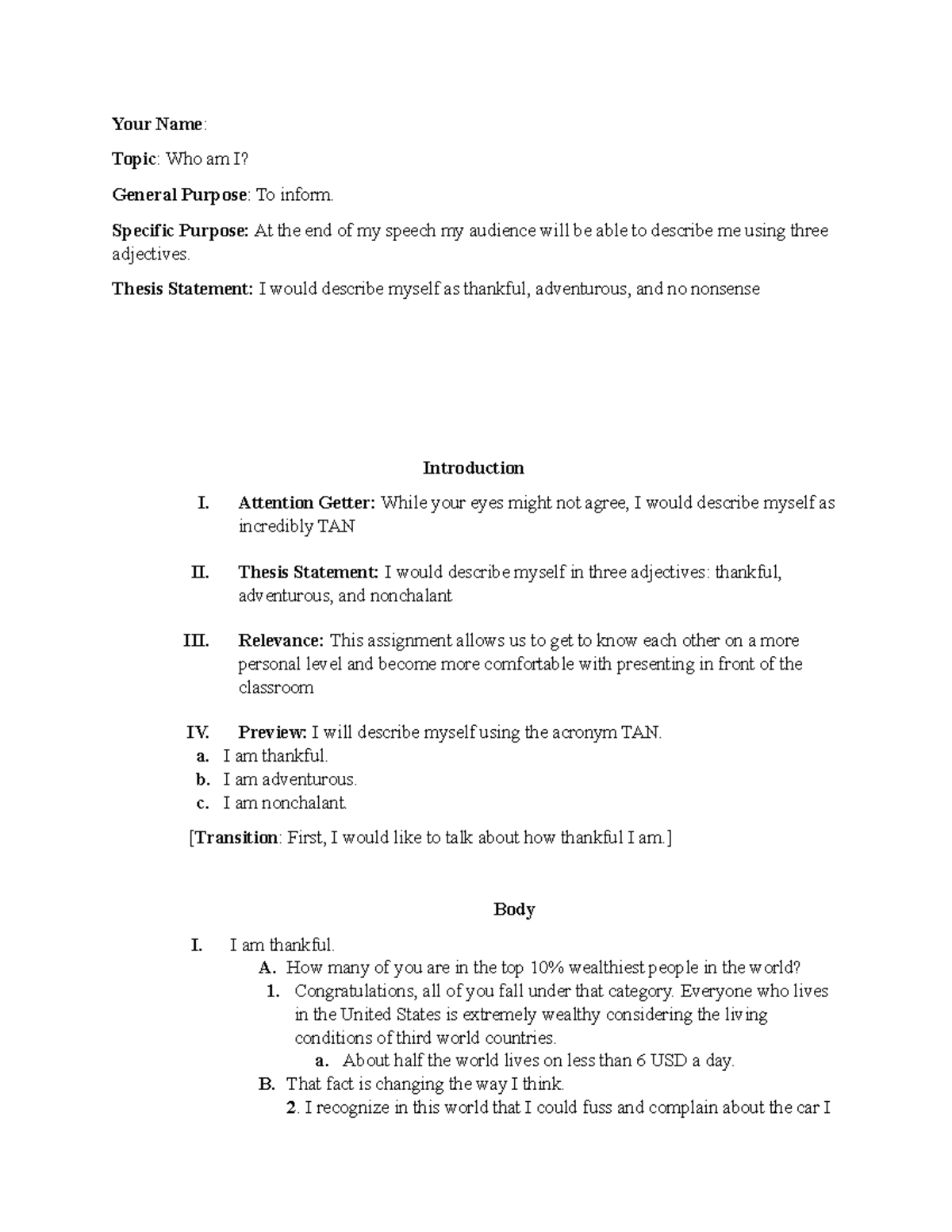 ENG 101: Introduction Speech Outline - Who Am I? (TAN) - Studocu