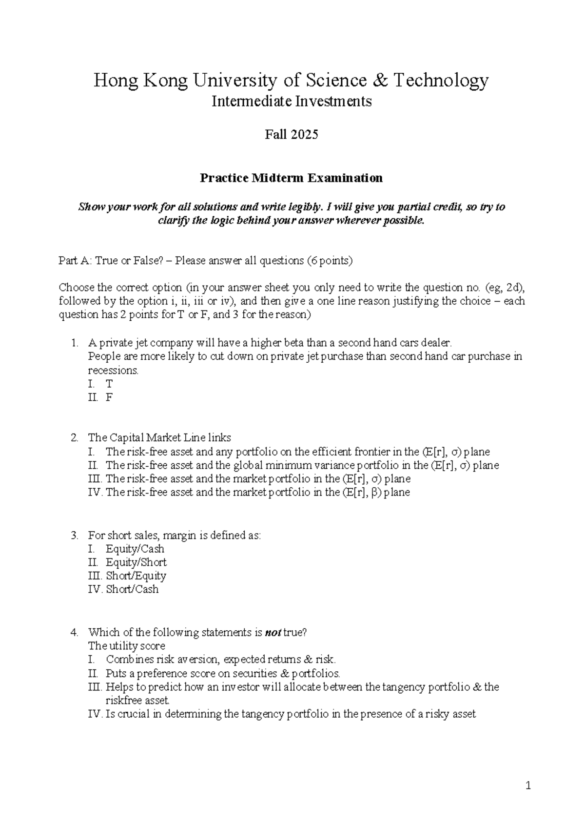 Intermediate Investments (FIN 202) Practice Midterm Exam - Fall 2025 ...