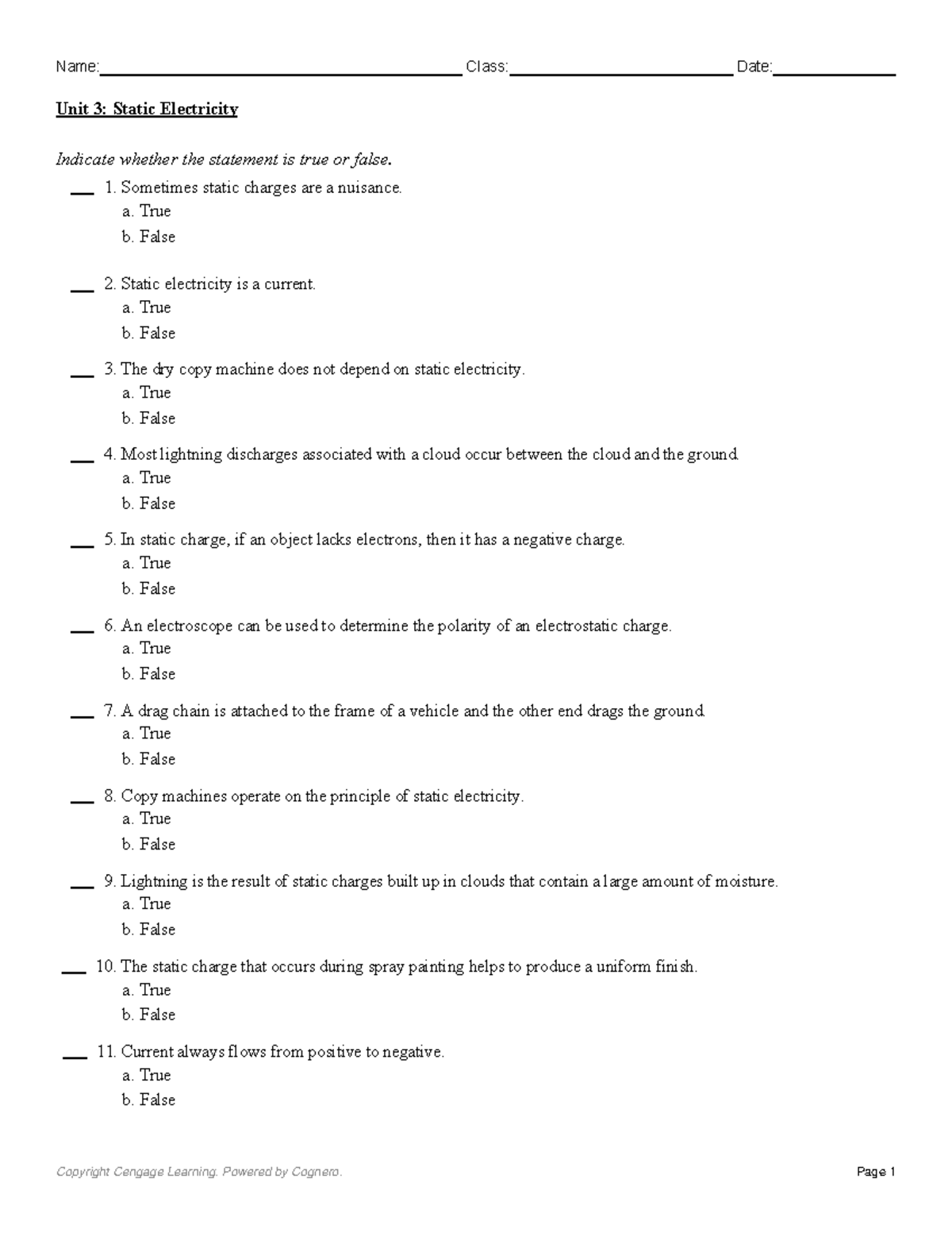 Unit 3 Static Electricity - Indicate whether the statement is true or ...