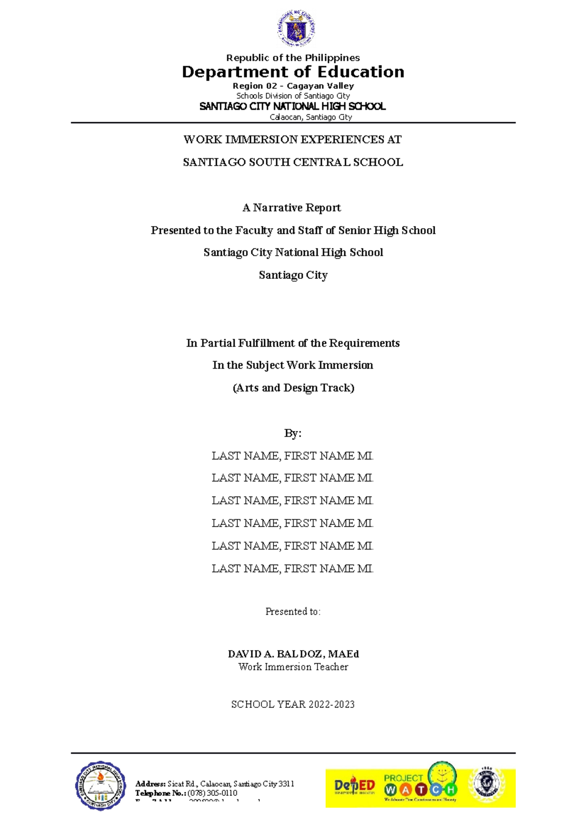 Work Immersion Narrative Report Template (Arts & Design Track) - Studocu