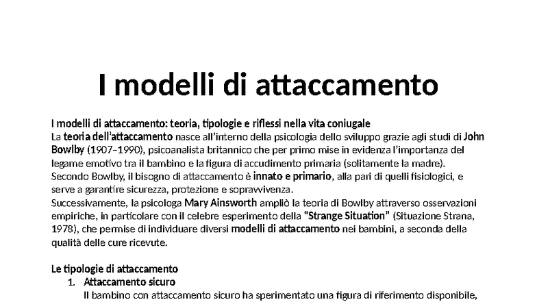I modelli di attaccamento: Teoria e Impatti nella Vita Coniugale - Studocu