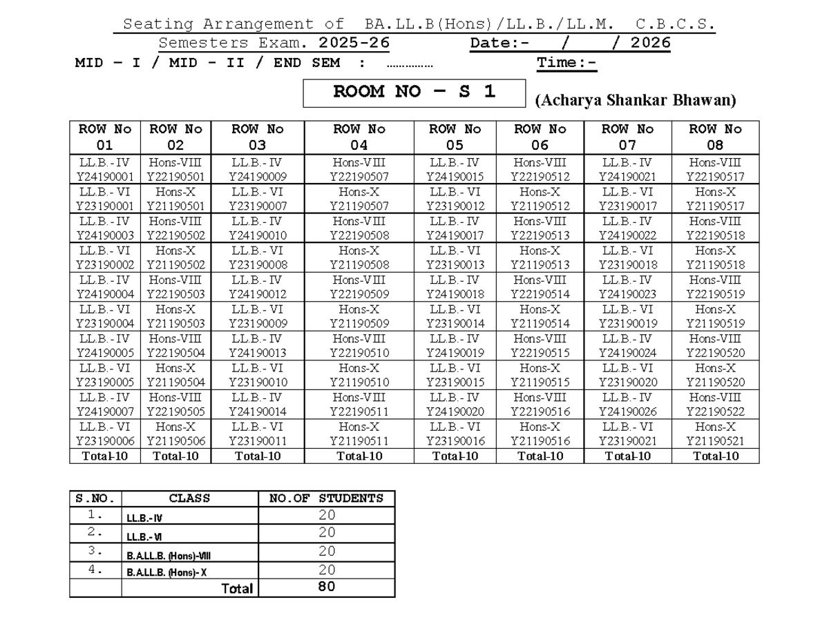 Seating Arrangement for C.B.C.S. Semesters Exam 2026: MID I & II - Studocu