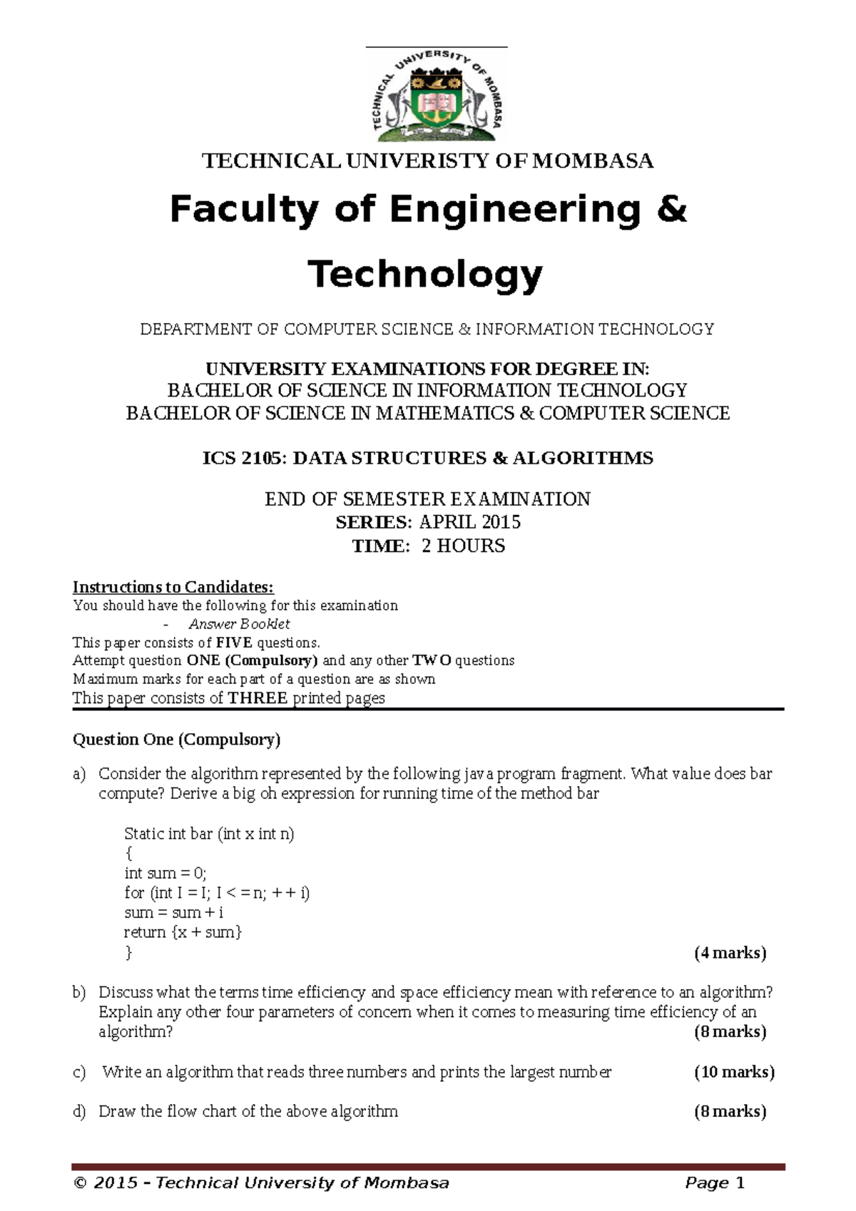 DATA Structures & Algorithms ICS 2105 revision - TECHNICAL UNIVERISTY OF MOMBASA Faculty of ...