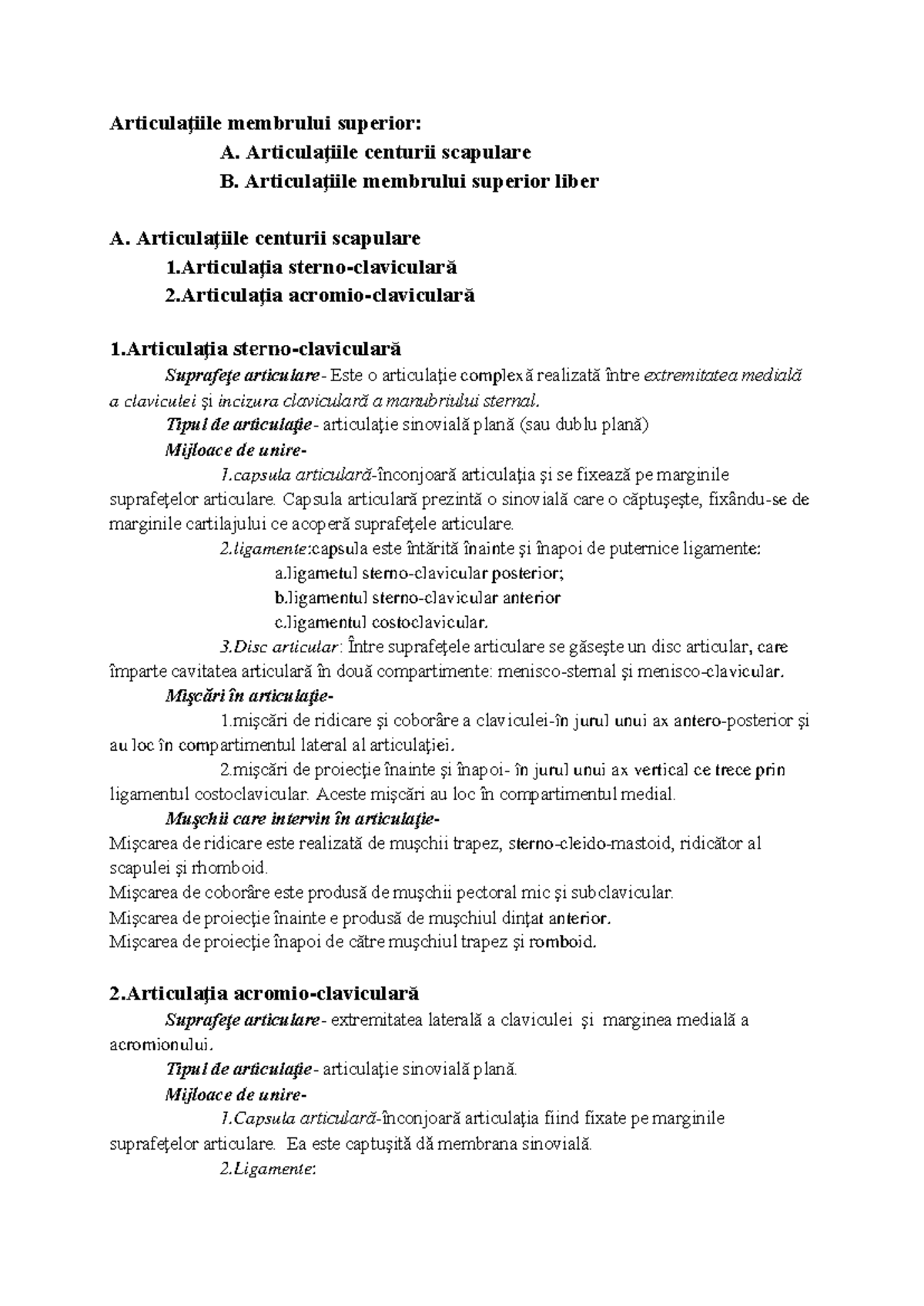 Articulatiile membrului superior si caracteristicile lor ...