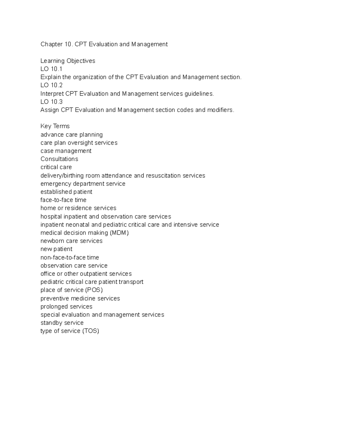 CPT Evaluation and Management: Chapter 10 Learning Objectives - Studocu