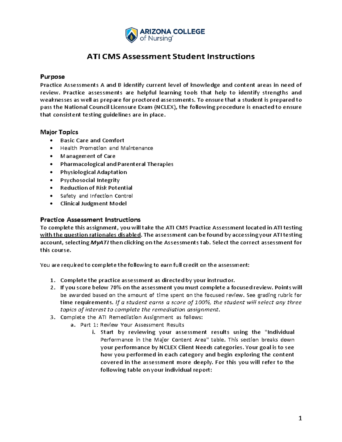 ATI CMS Assessment Student Instructions: Practice & Remediation Guide ...